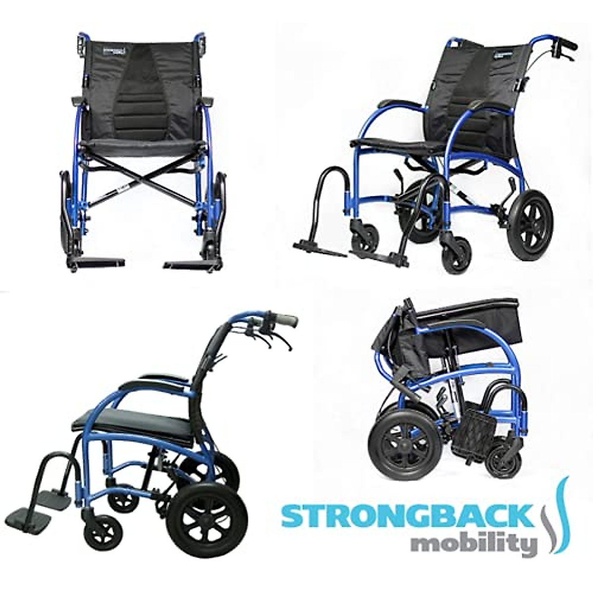 Strongback Mobility Excursion 12S+AB Lightweight Folding Wheelchair for Adults and Seniors - Transport Chair with Built-in Adjustable Lumbar Support; 18" Seat (12" Rear Wheels)