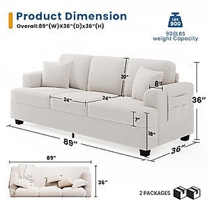 KKL Deep Seat Sofa 89 Inch with Throw Pillow, Modern Sofa, Couches for Living Room, Comfy Sofa, Sleeper Couch, Bouclé, Offwhite