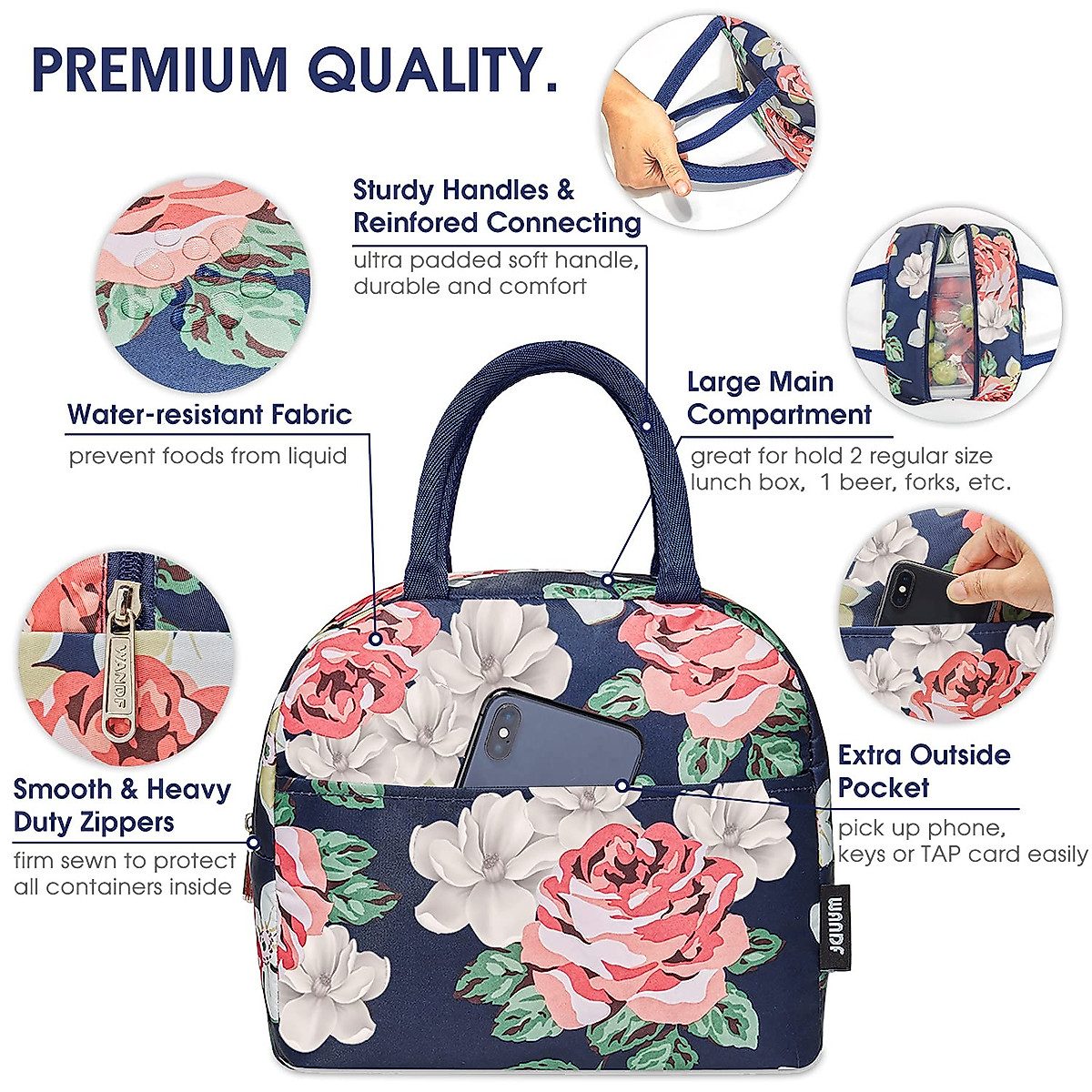 Lunch Bag Reusable Cooler Bag Lunch Box Containers Insulated Lunchbox Tote Bag Water-resistant Leakproof Womens Mens Office Work Hiking Picnic Fishing (Blue Peony with Upgrade Insulated Lining)