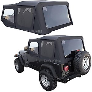 Sierra Offroad Soft Top for 1988 to 1995 Jeep Wrangler YJ - Black, Denim Vinyl - 2 Door Jeep Soft Top with Rear Plastic Tinted Windows - Factory Precision Fit Replacement - With Upper Door Skins