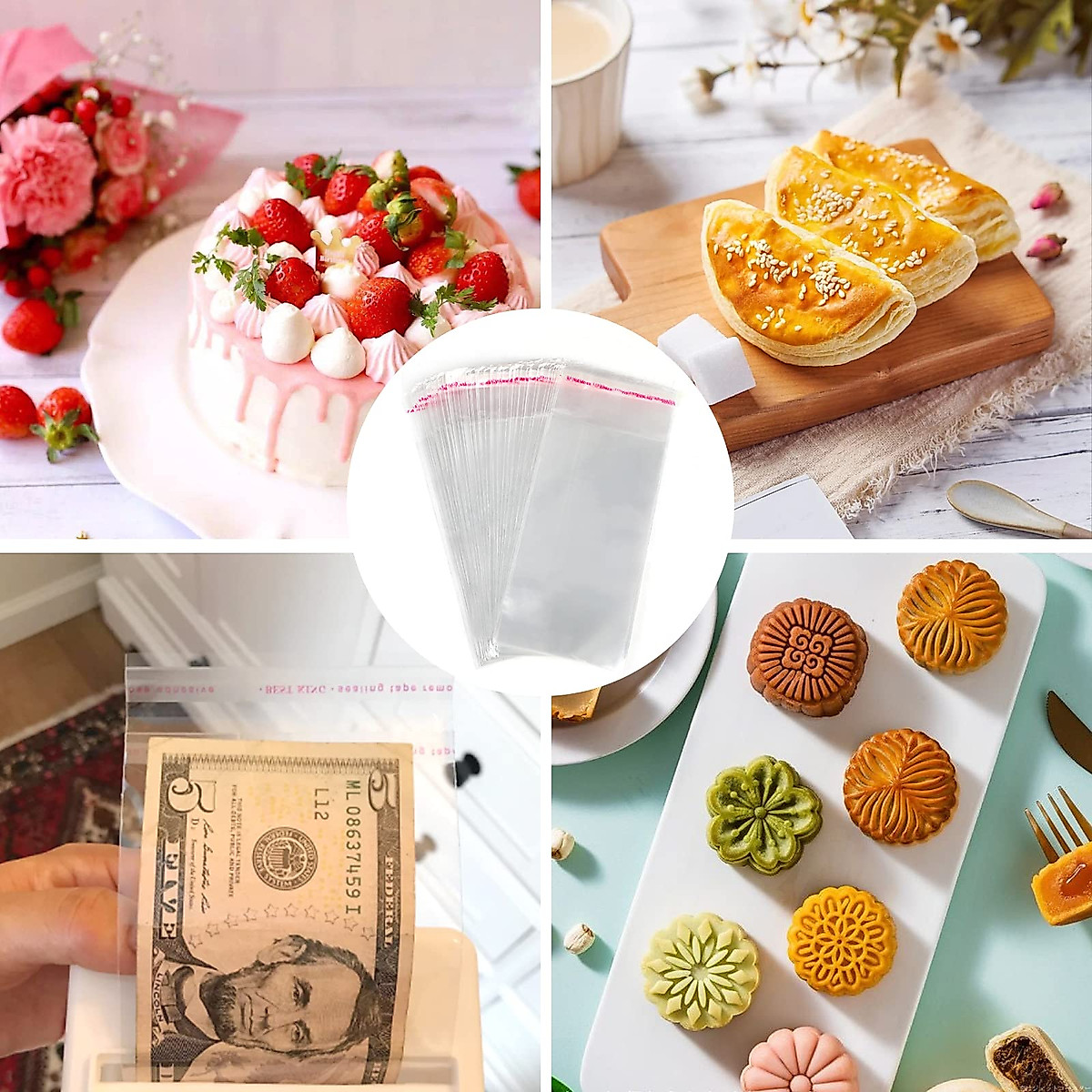 LOMIMOS 100pcs Cake Money Box Transparent Bag,Resealable Cellophane Adhesive Self-Sealing Clear Plastic Packing Bag for Birthday Wedding Party Decoration,3.1X7.5in