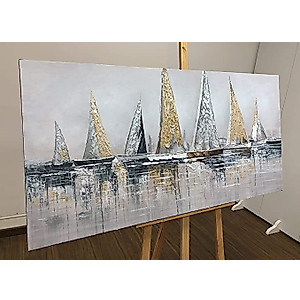 [SPRING BIG SALES] PAVILIART Golden & Silver Sailboats at the shore, Size 24" x 48", Hand Painted Abstract Seascape, Palette Knife Oil Painting on Canvas, Wall Art Decoration, Wood inside framed , Easy Hanging in Living Room