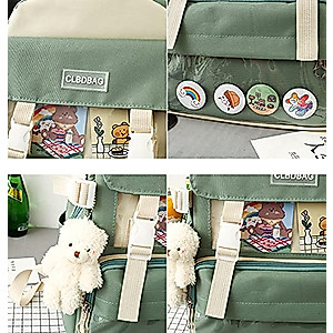 Skyearman 4 PCS Backpack Combo Set with Bear Pendant Canvas Kawaii School Bag Sets with Pencil Box Lunch Box Bag (Green)