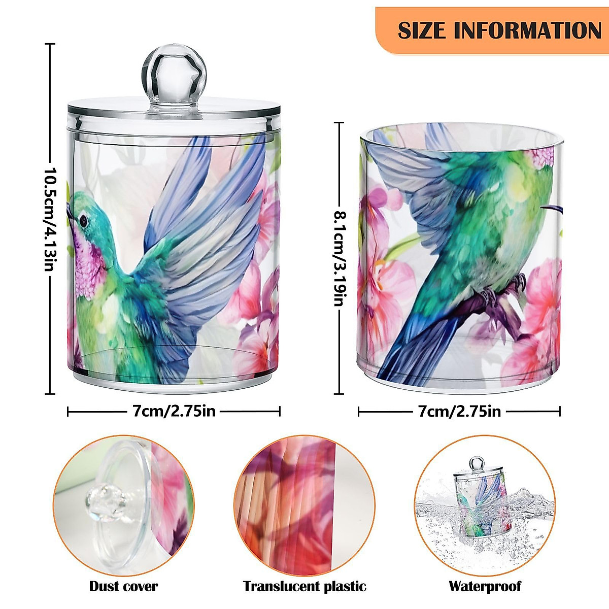 GOODOLD Hummingbirds Qtip Holder 2 Pack - 10 Oz Clear Plastic Apothecary Jar Set for Bathroom Organization - Versatile Canister Storage for Cotton Balls, Swabs, Rounds