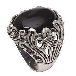 NOVICA Artisan Handmade Onyx Cocktail Ring Crafted Floral Sterling Silver Black Red Indonesia Birthstone [crownbezel 0.9 in H x 0.9 in W x 0.3 in D Band Width 5 mm W] ' Night Bloom'