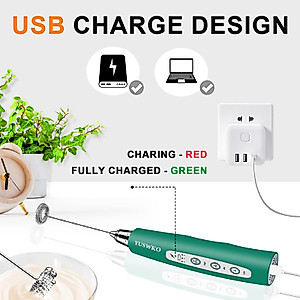 YUSWKO Milk Frother Handheld with 3 Heads, Coffee Whisk Foam Mixer with USB Rechargeable 3 Speeds, Electric Mini Hand Hand Frother for Latte, Cappuccino, Hot Chocolate, Egg - Green