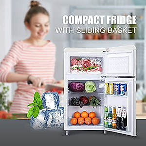 Compact Refrigerator 3.2 Cu.Ft WANAI Classic Retro Refrigerator 2 Door Mini Refrigerator Adjustable Remove Glass Shelves Refrigerator Suitable for Dorm Garage and Office