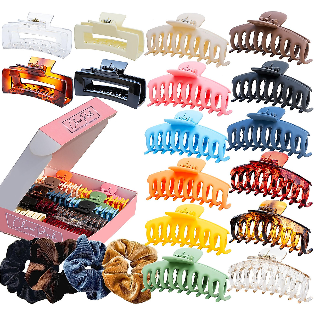 20 pack- Large Hair Clips for Thick Hair & Velvet Scrunchies, 4.3 & 4in Big Claw Clips Set with 4.5in Soft Scrunchies Matches Any Outfit for Any Hairstyle on any Occasion