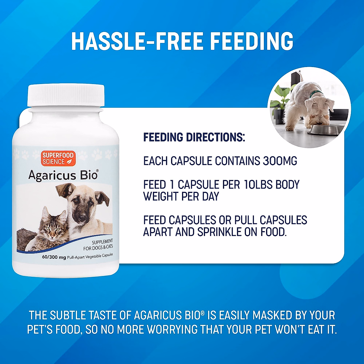 Agaricus Bio 300mg for Canines and Felines, Beta Glucan Mushroom Pet Supplement to Boost Critical Immune Defense & Cellular Health, Antioxidant Powder, Energy Support for Old Dogs and Cats, 60 caps