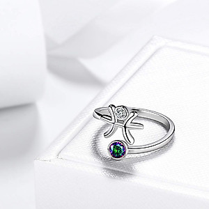 Aurora Tears Pisces Zodiac Rings Women 12 Constellation Horoscope Sign 925 Sterling Silver Mystic Rainbow Topaz Astrology Star Adjustable Birthday Gifts Fire Topaz Present DR0087Y