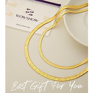 Wowshow Real Gold Plated Italian Snake Chain Necklace Flat Herringbone Choker Dainty Necklace for Women 4.5MM 18 Inch