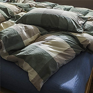 NSNLGSGC Twin 100% Washed Cotton Duvet Cover Set Green - Kids Buffalo Plaid Linen Feel Bedding Set,Durable & Breathable Comforter Cover Set(2PCS, Twin)