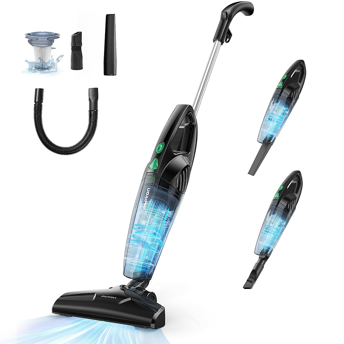 Aspiron Stick Vacuum Cleaner, 600W 20kPa Stick and Handheld Vac, 5-in-1 Lightweight Vacuum Cleaner with HEPA Filter, 0.8L Dust Cup & Crevice Tool, for Hard Floor, Carpet