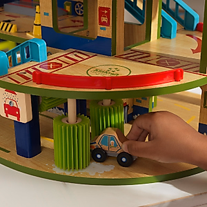 KidKraft Wash N Go Wooden Car Garage Playset with 19-Piece Accessory Set and Moving Elevator, Gift for Ages 3+