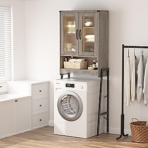 Over The Toilet Storage Cabinet with Tempered Glass Doors & Adjustable Shelf, Bathroom Organizer with Metal Stand Space Saver Over Toilet , Modern Toilet Rack for Bathroom, Restroom, Laundry, Grey