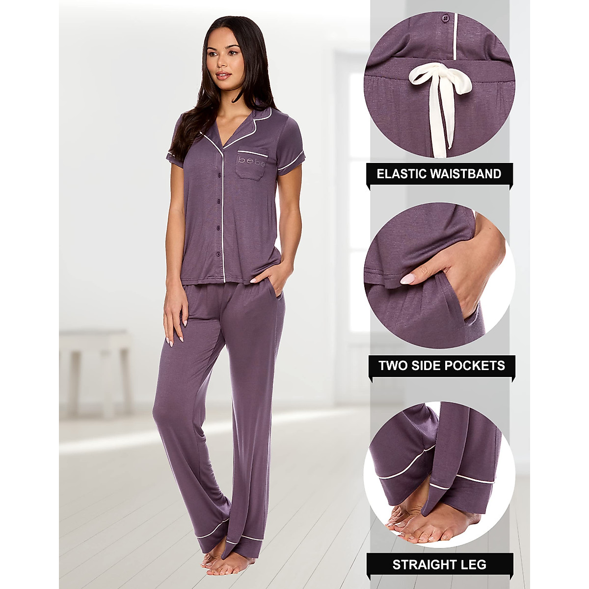 bebe Womens Pajama Sets - Notch Collar Pajama Top and Pajama Pants PJ Set - Ladies Pajamas (Midnight Lavender, Large)