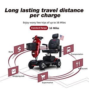 Xmatch 4-Wheel Metro Mobility Scooter Battery Powered with Front Basket Compact Foldable Seat (Red, WB30" Wind Guard & Suspension)