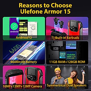 Ulefone Rugged Smartphone, Armor 15 Rugged Phone Built in TWS Earbuds, 11GB+128GB, 6600mAh, Android 12, 13MP Wide-Angle Lens, 16MP Front Camera, NFC, Headset-Free, Face Unlock + Fingerprint ID, Red