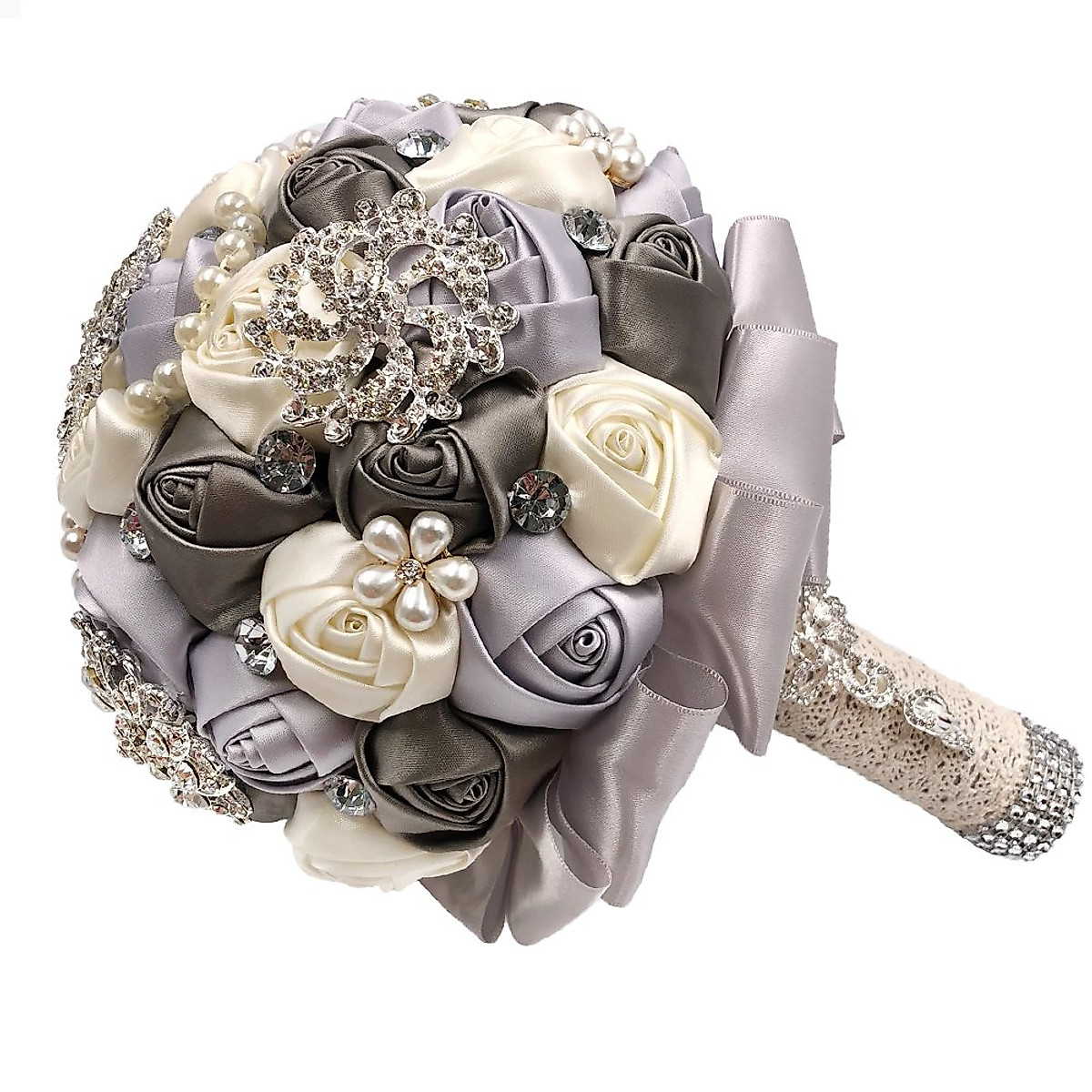 Abbie Home Advanced Customization Romantic Bride Wedding Holding Toss Bouquet Rose with Pearls and Rhinestone Decorative brooches Accessories- (Grey + Creamy White)