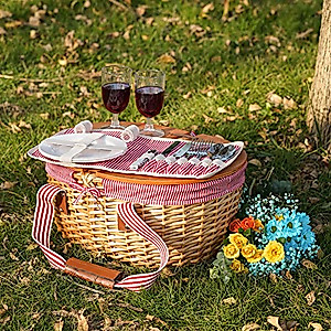 Wicker Picnic Basket Set for 2 with Double Wooden Lids & Handles, Country Style Picnic Hamper with Cutlery Service Kits - Flatware Set, Willow Storage Basket W/Lining for Camping (Red Stripe)