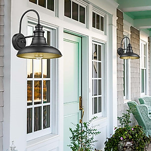 Dusk to Dawn Sensor Outdoor Barn Light Fixture, 12.3 Inch Dome Outdoor Wall Sconce Farmhouse Wall Mount Lights Exterior Gooseneck Light Fixture Black Finish Industrial Wall Lantern for Porch, 2Pack