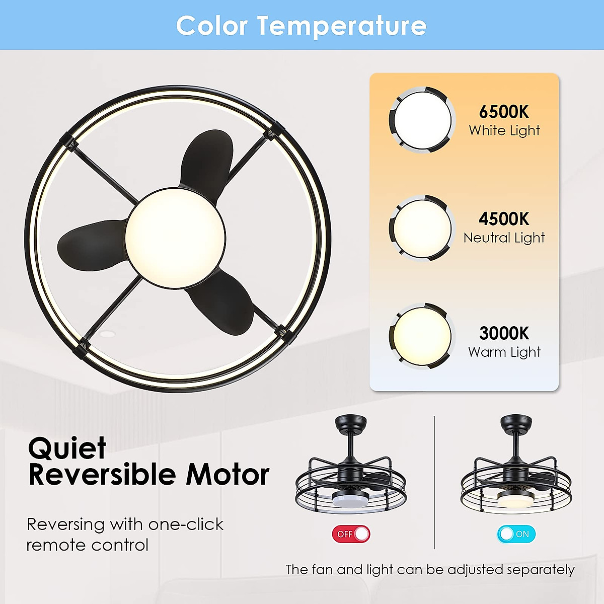 Mpayel Caged Ceiling Fan - Black Modern Ceiling Fans with Remote, Reversible and Dimmable, Low Profile Flush Mount Ceiling Fan with 6-Speed, Bladeless Enclosed Led Fan Light for Bedroom, Kitchen