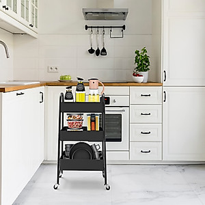 3 Tier Rolling Cart, Metal Ultility Cart with Extra Large Lockable Wheels, Makeup Storage Organizer Craft Trolley, Serving Cart Easy Assembly for Kitchen, Bathroom, Office (Black)