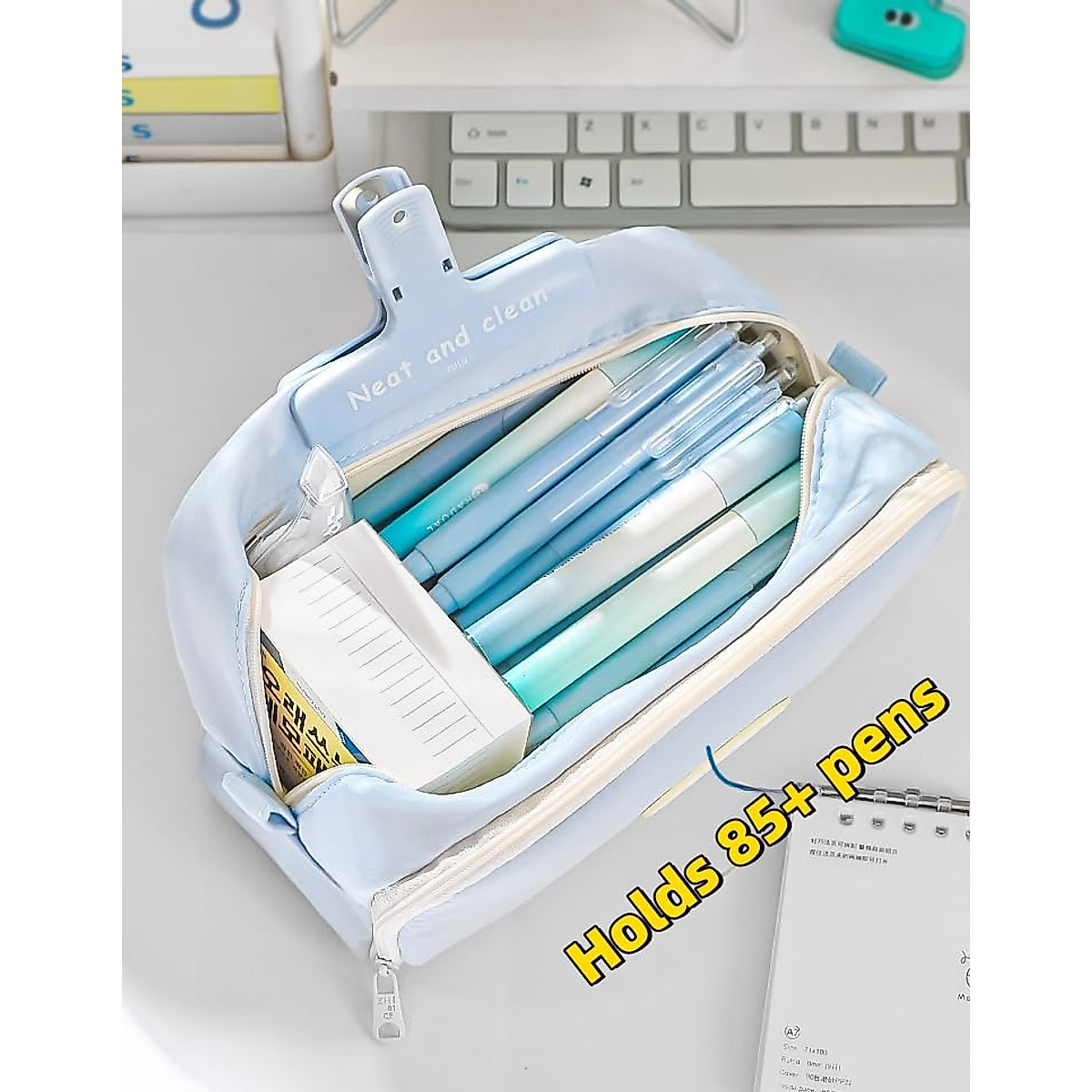 UIVXXUD Adorable Macaron-Colored Double-Layer Canvas Pencil Case Pencil Holder Pencil Bag Pouch with Spacious Opening & Capacity, Includes Pens & Magnetic Clip (Beige)