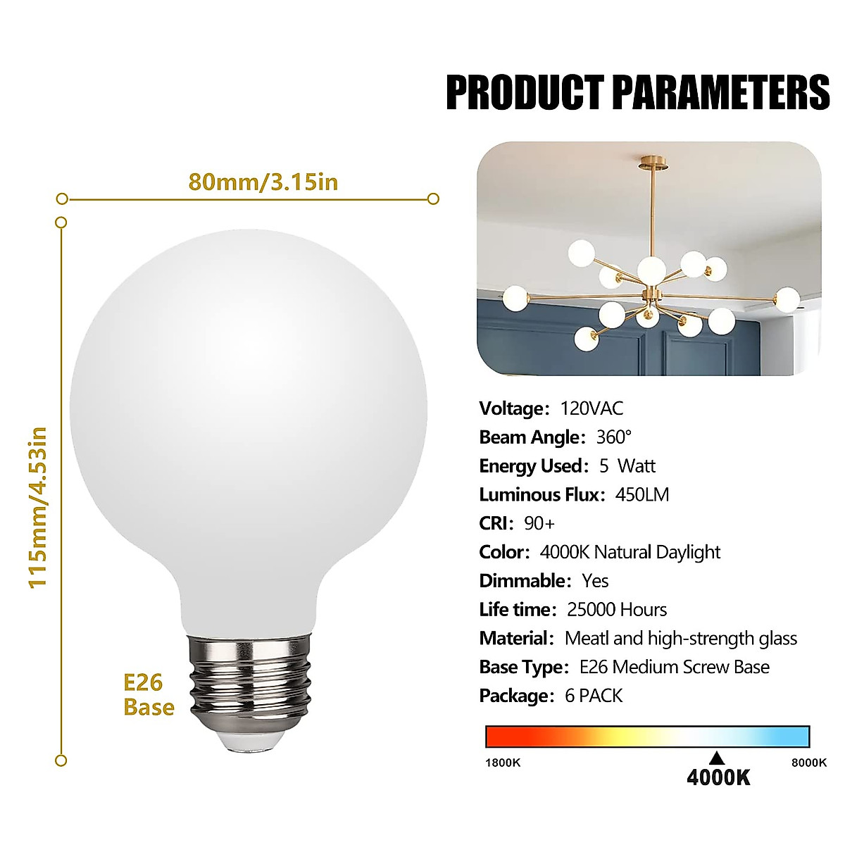 KGC LED Edison Globe Light Bulbs, Neutral White 4000K CRI 90, LED Filament Light Bulb, 5W Equivalent to 40W, G25(G80) Dimmable, Milky Glass, Bathroom Vanity Mirror Light, Pack of 6