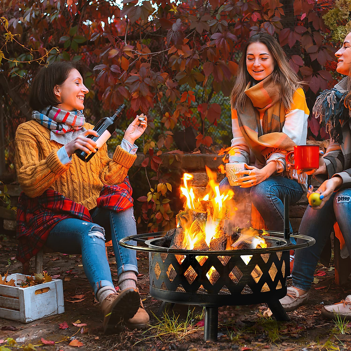 Breezestival 30 inch Fire Pits for Outside with Grill Outdoor Wood Burning with Removable Cooking Swivel BBQ Grill, Cover & Fire Poker for Backyard Bonfire Patio(Black)