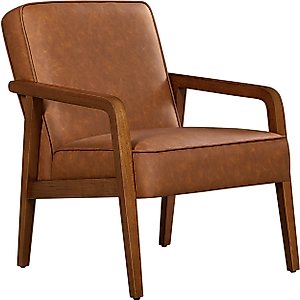 Yaheetech PU Leather Accent Chair, Mid-Century Modern Barrel Chair with Wooden Frame and Soft Thick Padded for Living Room Bedroom Home Office, Light Brown