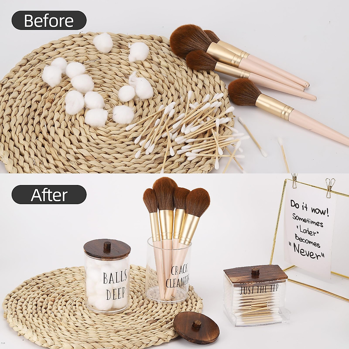 Tbestmax Qtips Holder Dispenser, 10/7 oz Bathroom Container for Cotton Ball Cotton Swabs, Apothecary Jar Organizer for Storage(Wood Lids)