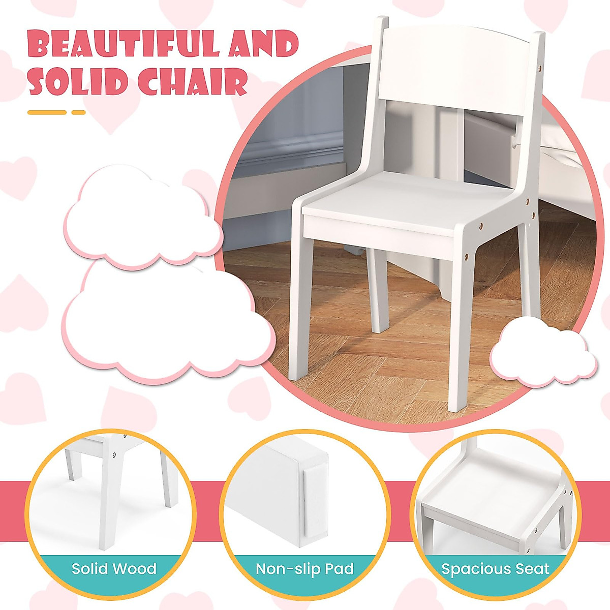 INFANS Kids Vanity, Princess Makeup Desk and Chair Set with Lights Mirror Drawer Storage Shelves, Wooden Dressing Table, Pretend Play Vanity Set for Toddler Girls