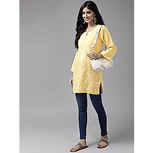 Ada Indian Hand Embroidered Chikankari Women's Cotton Top Tunic Shirt Blouse A911127 (XS, Yellow)