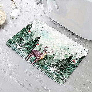 UOZXOML Winter Snowy Forest Bath Mat Pine Tree Deer Snowflake Red Bird Xmas Christmas Holiday Rustic Bathroom Rug Microfiber Memory Foam Non Slip Shower Mat Kitchen Bath Floor Rugs, 16x24 Inch