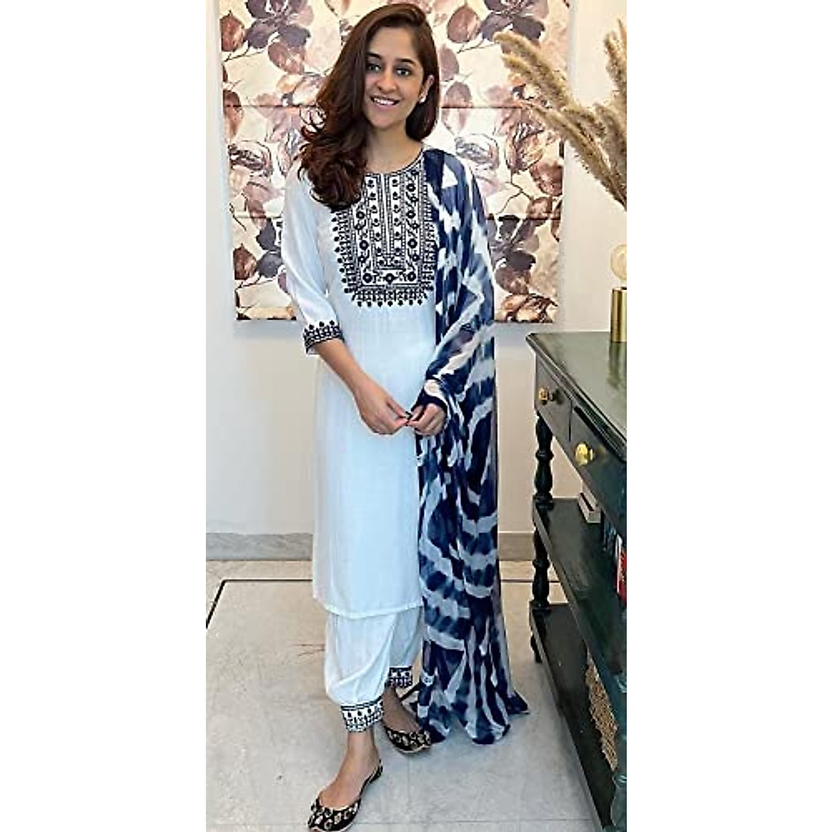 RoohVastra White colored traditional embroidered kurti pent set for women 340 (White, 40)