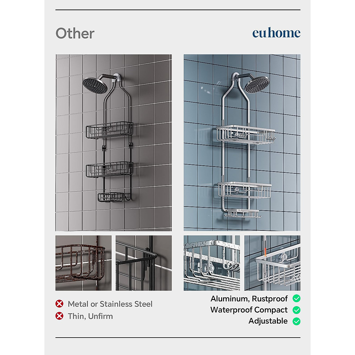 Adjustable Shower Caddy Hanging, EUHOME Never Rust Shower Organizer, Aluminum 3-Tier Large Capacity Shower Caddy Over Showerhead with Hooks, Soap/Razor Holder