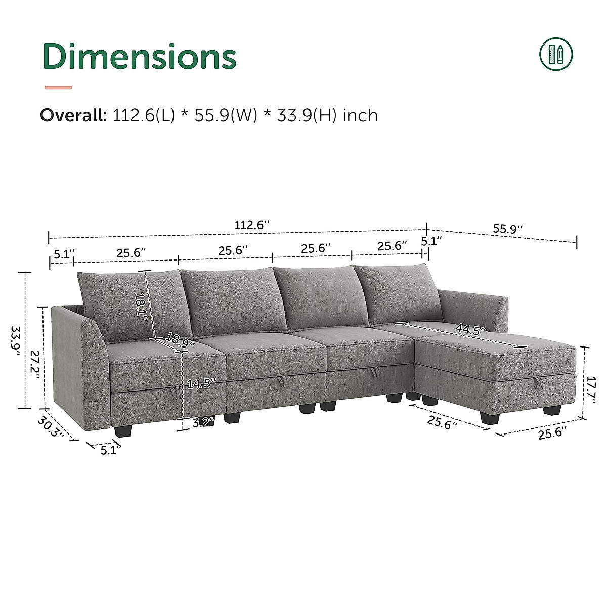 HONBAY Convertible Sectional Couch with Reversible Chaise Modern L-Shape Sofa 4-Seat Couch Modular Sectional Sofa with Storage Seats, Grey