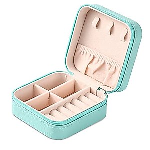 Portable Travel Mini Jewelry Box Leather Jewellery Ring Organizer Case Storage Gift Box Girls Women (blue).