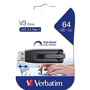 Verbatim 64GB USB 3.0 Store 'n' Go V3 Flash Drive - Cap-Less & PC/Mac Compatible - Gray