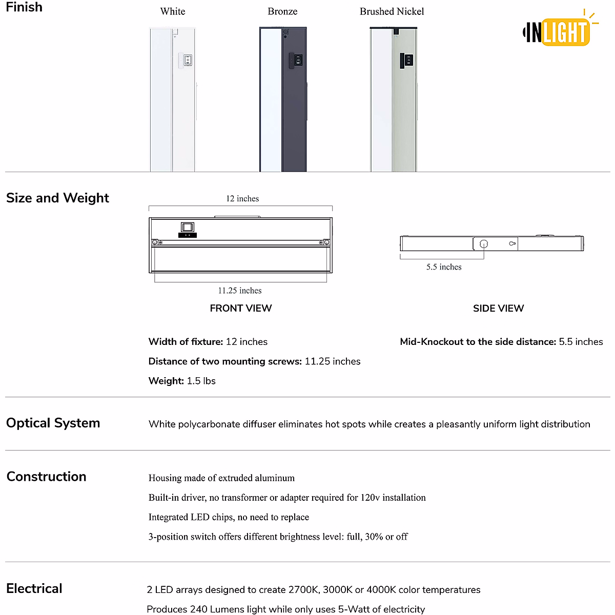 GETINLIGHT 3 Color Levels Dimmable LED Under Cabinet Lighting with ETL Listed, 12-inch, Warm White (2700K), Soft White (3000K), Bright White (4000K), White Finished, IN-0210-1
