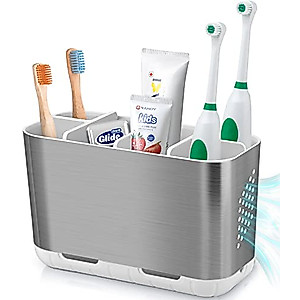 Boperzi Toothbrush Holder Toothpaste Organizer Drainage for Bathroom Vanity, Large Brushed Nickel Toothbrush Storage Caddy Anti-Slip Rustic with Adjustable Dividers for Family, Kids