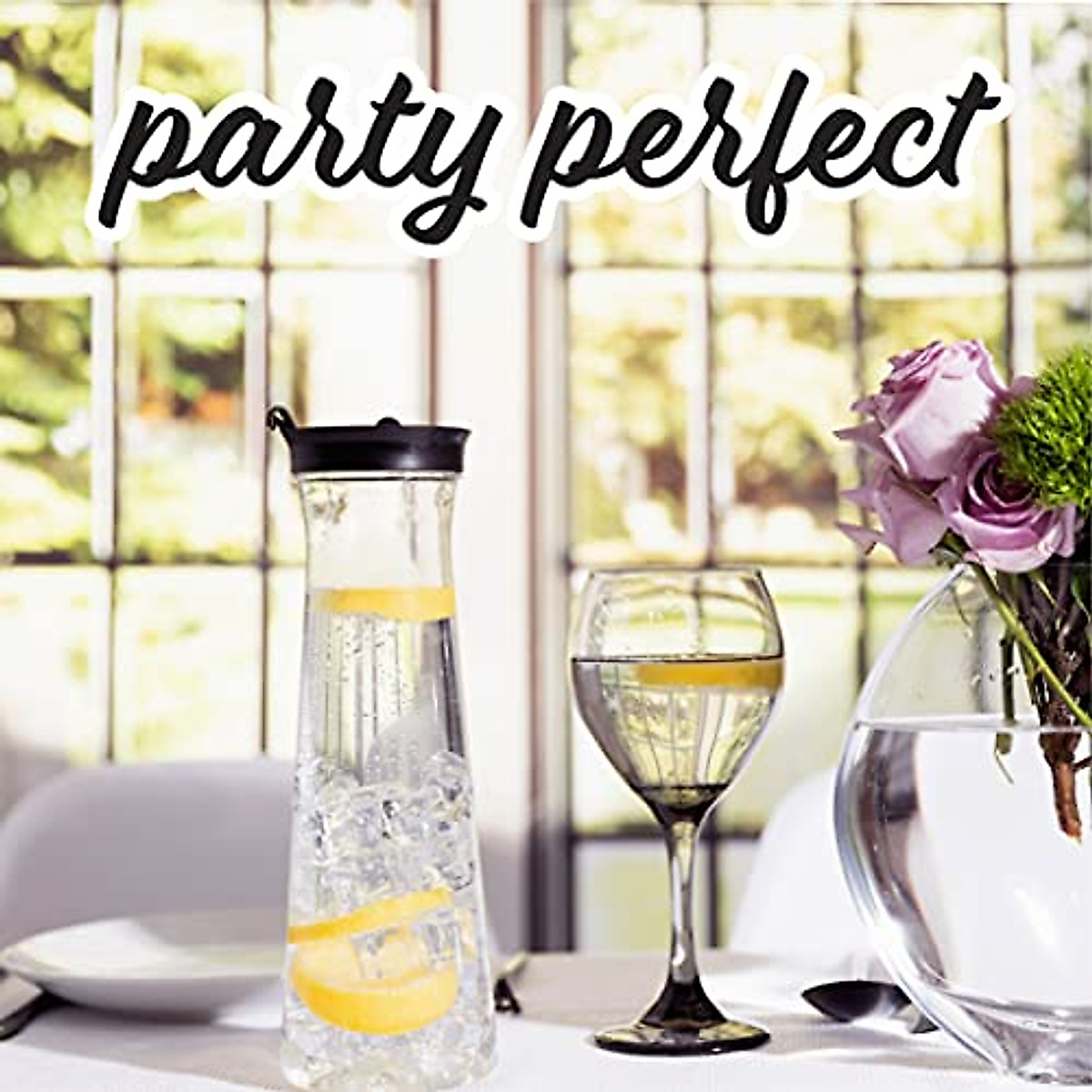 Clear Plastic Water Pitchers Carafes with Flip top Black Lids 34 OZ Heavy Duty Beverage Pitcher Jug for Juice or iced Coffee Great for Mimosa bar Restuarants ot Schools Pack of 2