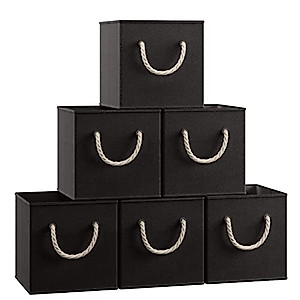 Ornavo Home Foldable Collapsible Storage Box Bins Linen Fabric Shelf Basket Cube Organizer with Rope Handles - Set of 6-13 x 13 x 13 - Black