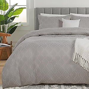 NORTH HOME Cotton Waffle Duvet Cover King Size, Decorative Boho Comforter Cover with Corner Ties,3 Pieces Bedding Duvet Covers for All Season, Grey