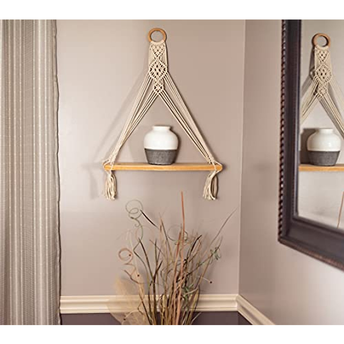 Macrame Wall Hanging Shelf, Bohemian Indoor Wall Décor, Wood Hanging Macrame Floating Shelf, Handmade Woven Twisted Cotton Rope Plant Hanger