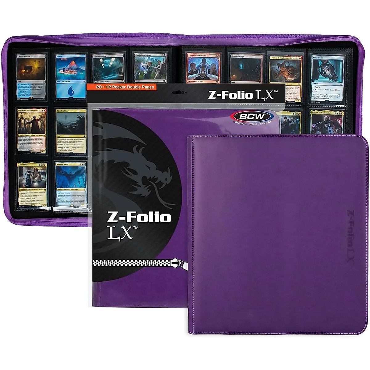 BCW Z-Folio LX Zipper Portfolio - Premium Purple Leatherette 12-Pocket Playset Album - Secure Zipper - 480 Card Capacity - Card Collector's Dream - Card Organizer - Trading Card Storage