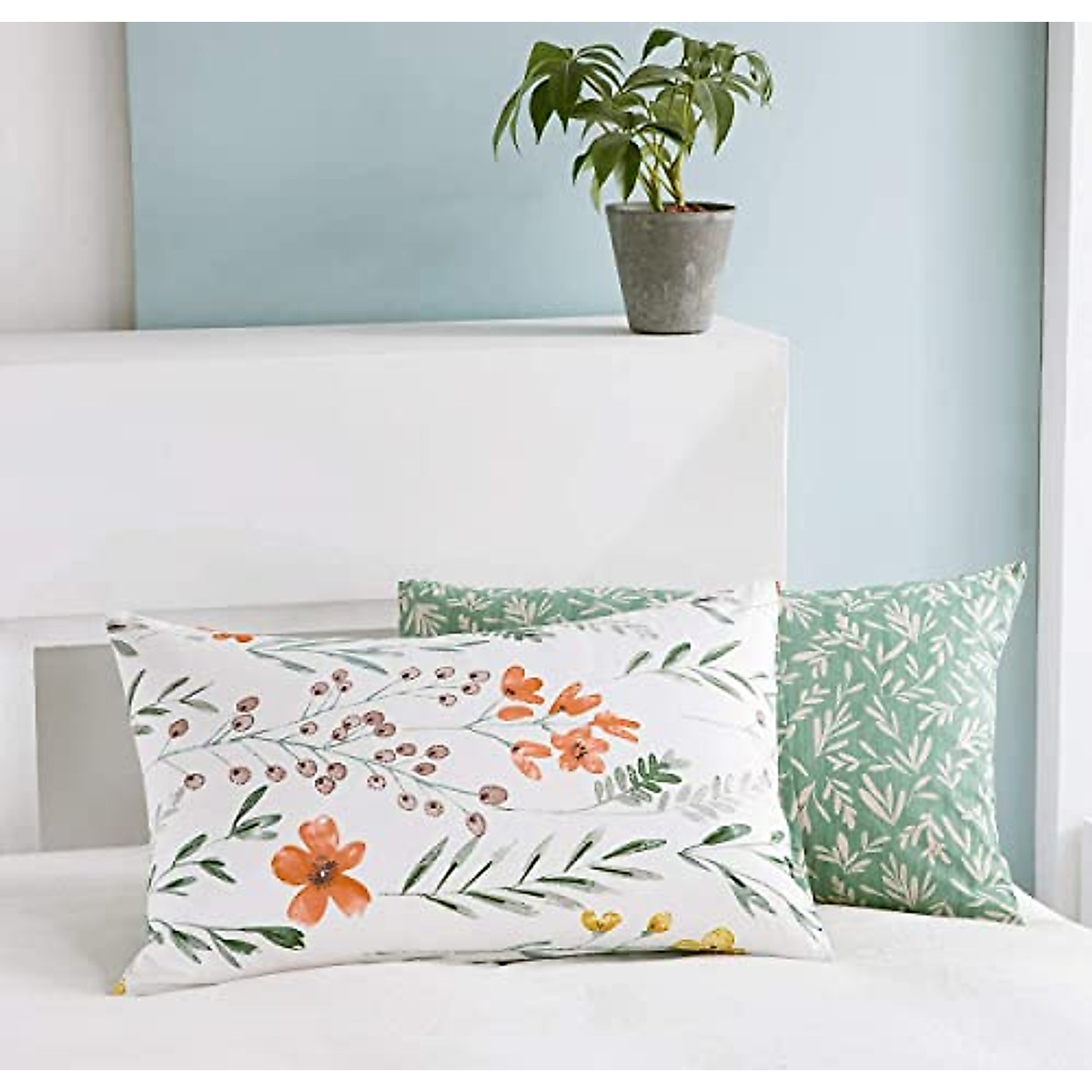 SLEEPBELLA Duvet Cover Set 600 Thread Count Cotton Bedding Set (Full, White&Green Floral)