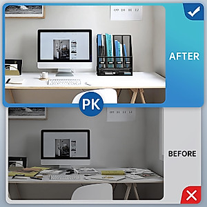 DALTACK Magazine File Holder, Desk Organizer with 4 Vertical File Holder and Drawer, Mesh File Organizer for Office Organization, Magazine Holder for Home Office School, Black