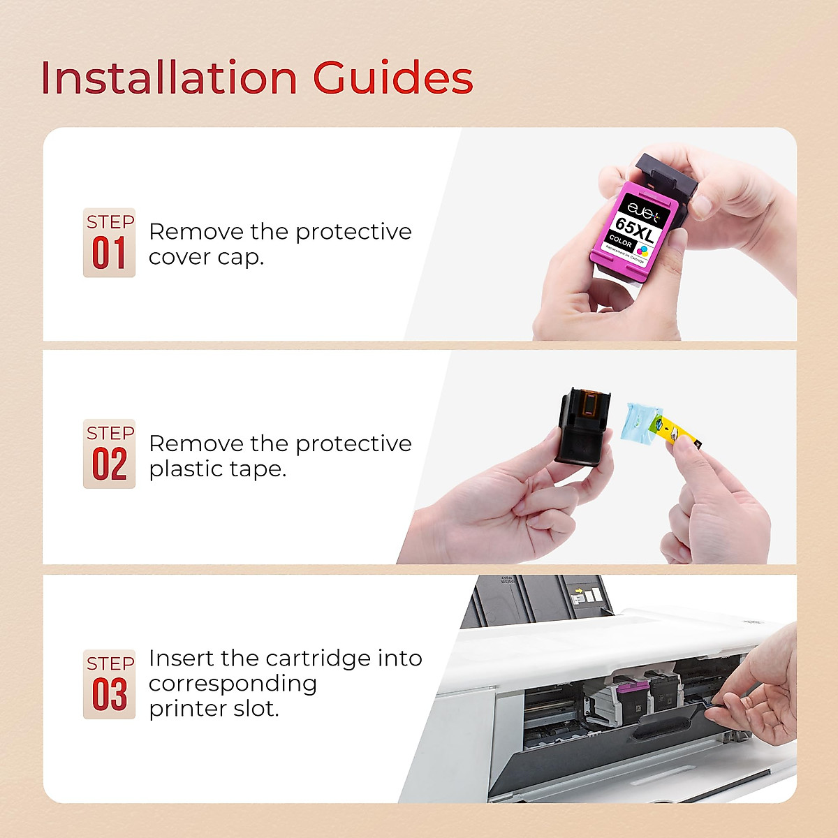 65XL Ink Cartridge Combo Pack replacemet for HP 65 Ink, 65 65XL ejet Remanufactured Ink Work with HP DeskJet 3772 3755 3700 3722 3752 2655 2622 2652; Envy 5055 5052 5058 Printer (1 Black, 1 Tri-Color)